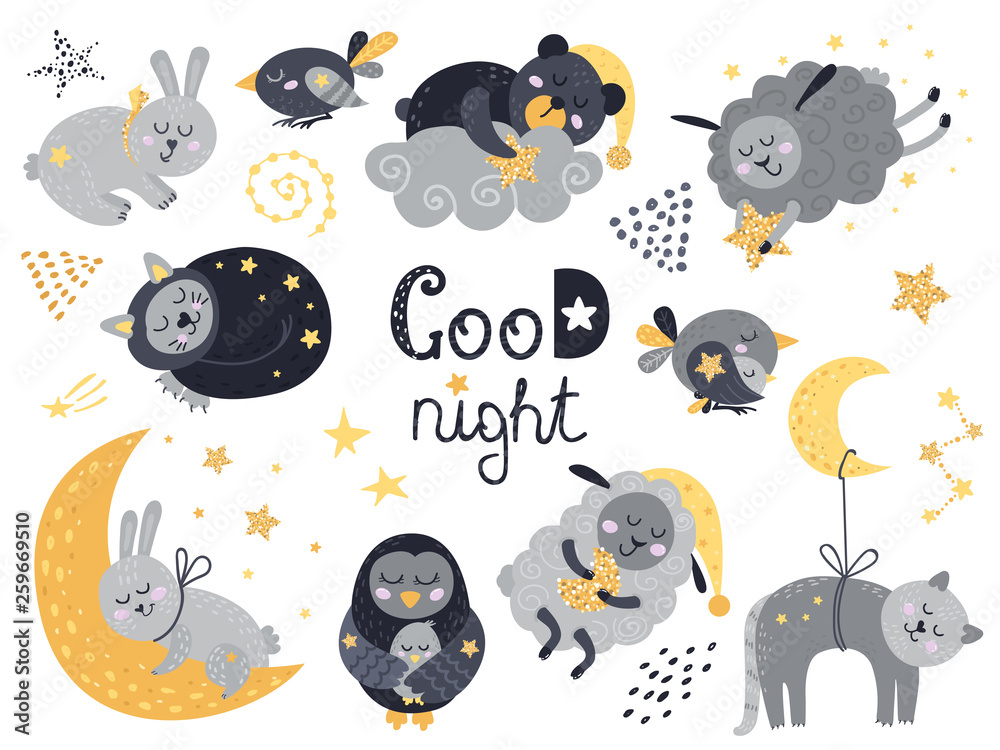 Vector set of cute sleeping animals Stock Vector | Adobe Stock