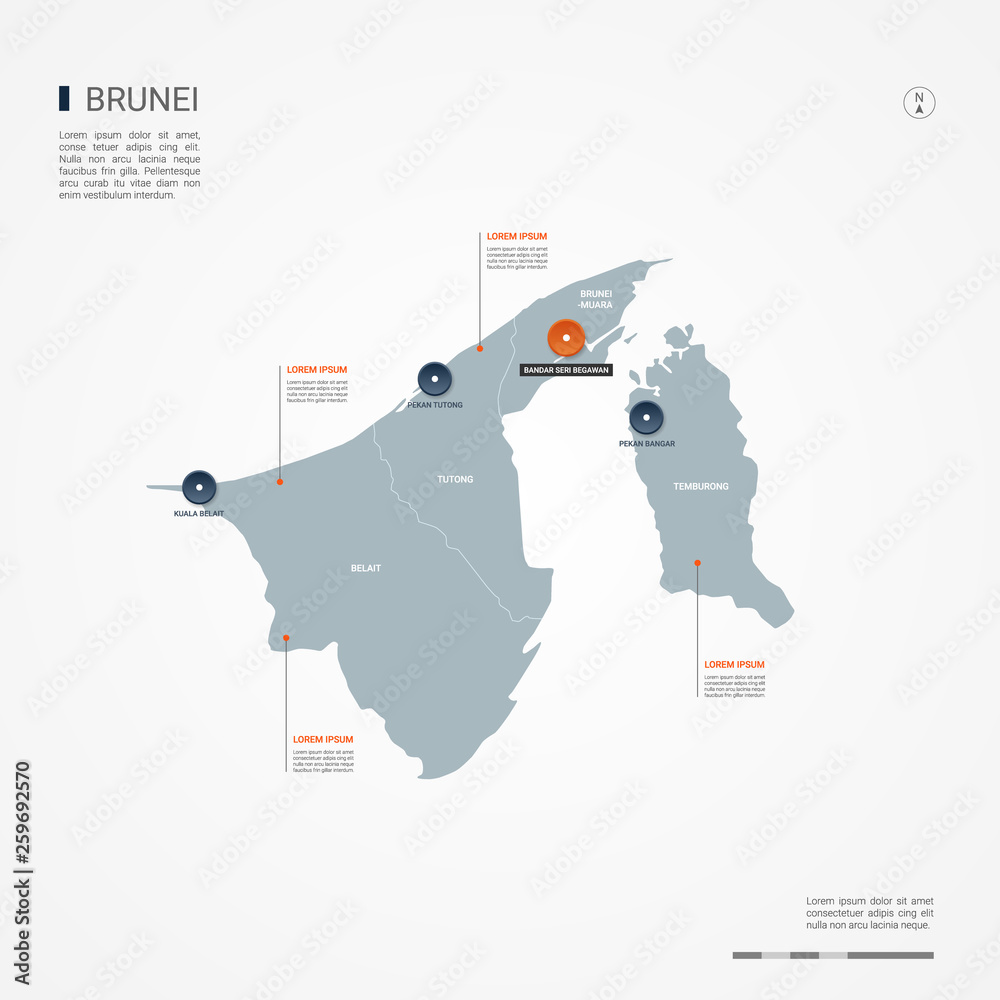 Brunei map with borders, cities, capital and administrative divisions ...