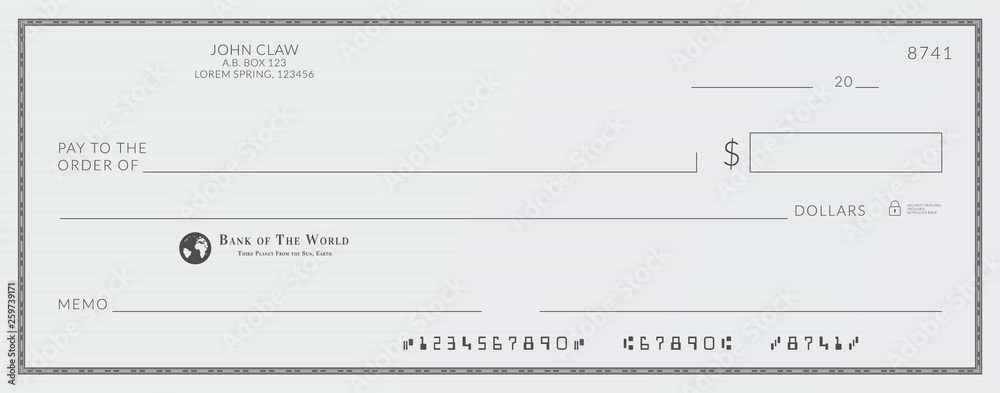 Blank bank cheque. Personal desk check template with empty field to ...