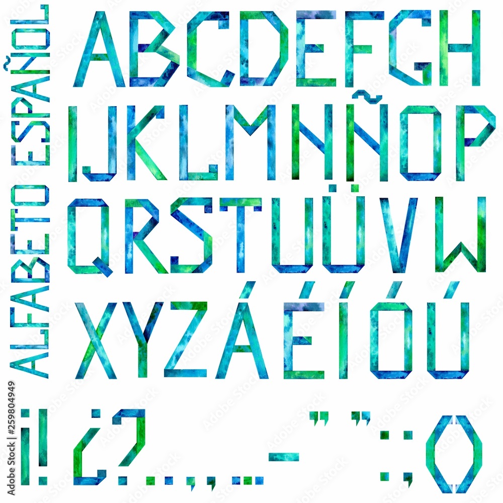 Aquarelle handwritten alphabet with Latin (Spanish) letters; 5 vowels ...