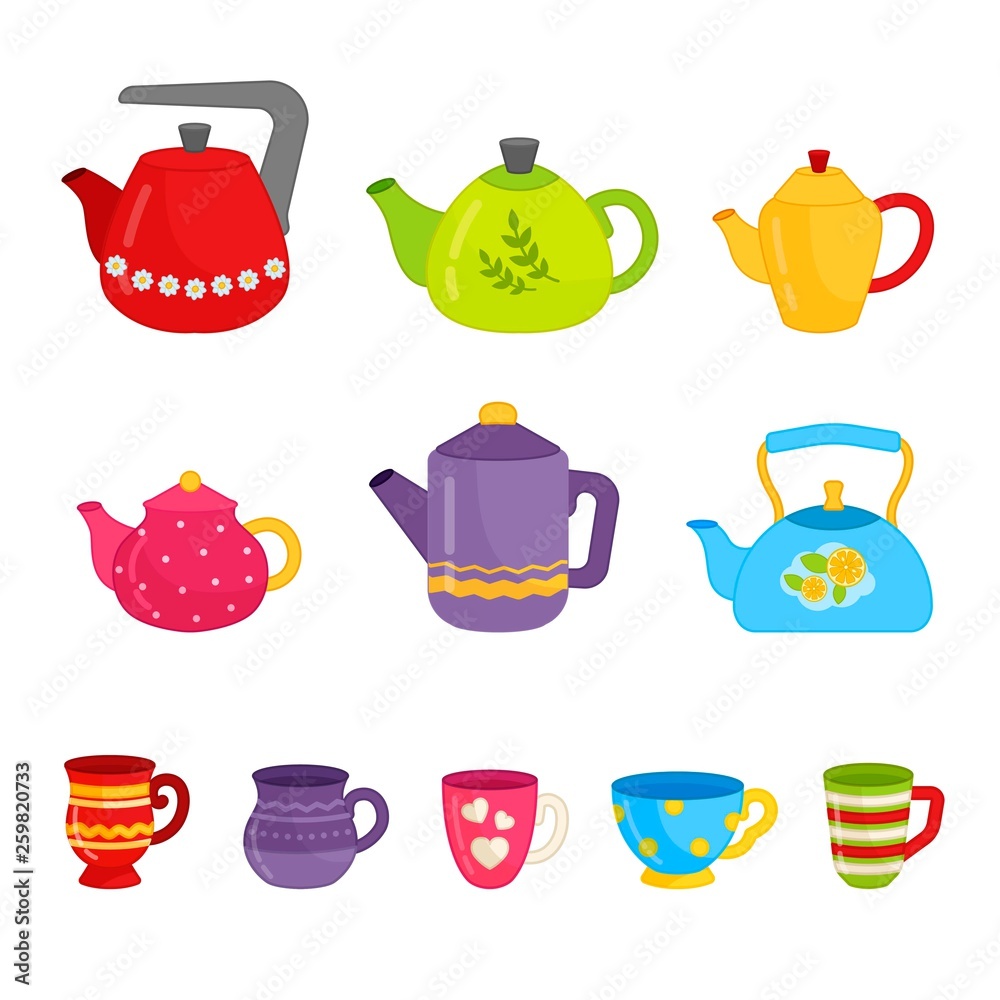 Vector set of dishes. Illustration of cartoon teapots and mugs. Stock ...