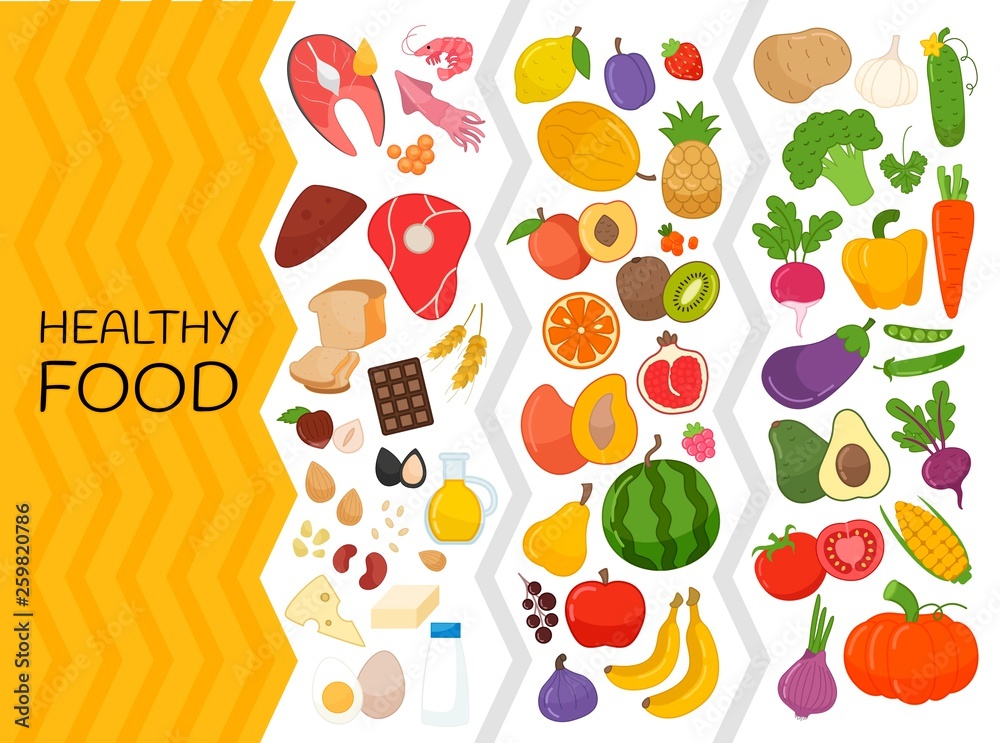 Vector set of healthy food. Balanced diet. Cartoon images of fruits ...