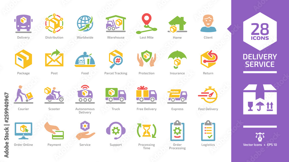 Delivery service color glyph icon set with express package shipping, quick courier, cargo truck ...