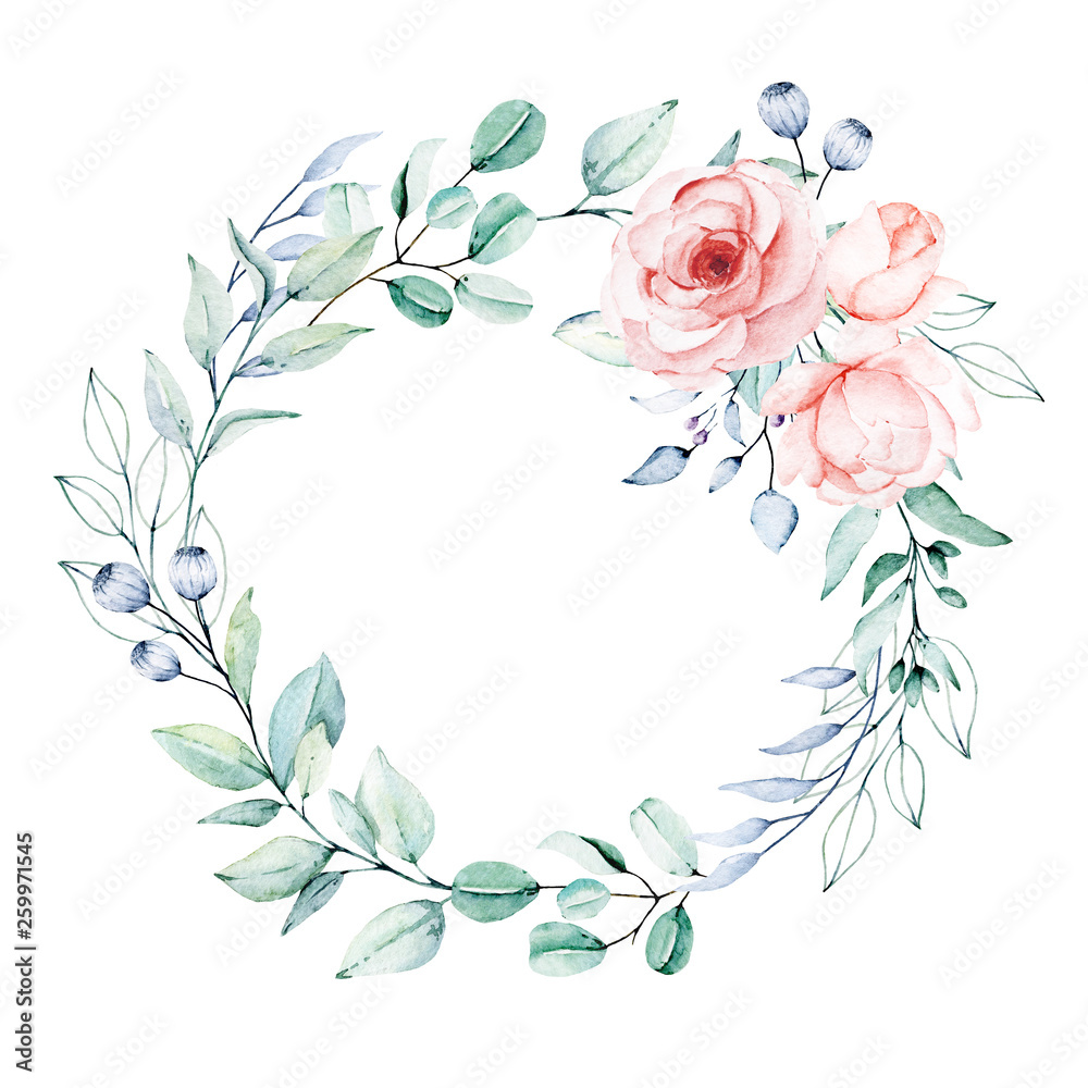 Watercolor flower and leaf wreath. Floral clip art. Frame perfectly for ...