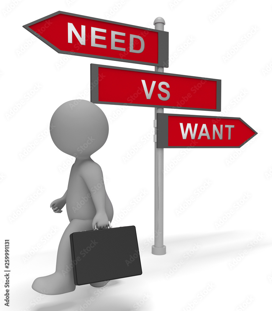 Want Vs Need Priorities Signpost Depicting Importance Of Necessities ...