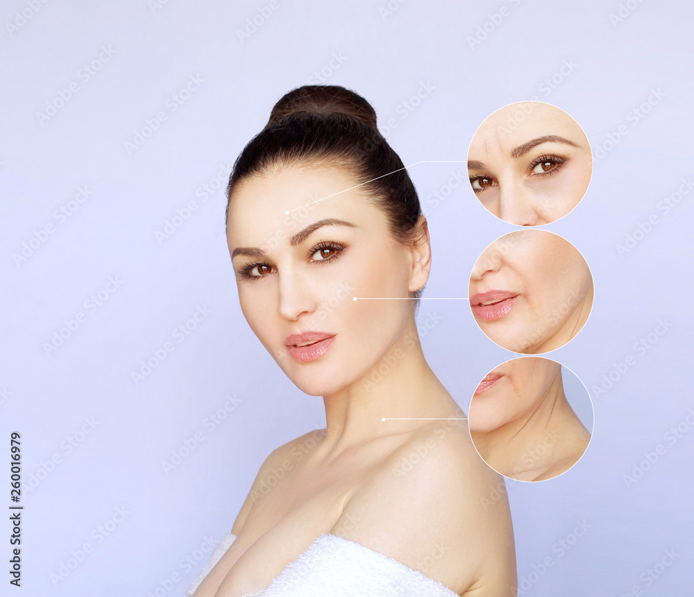 Aging. Mature woman-young woman.Face with skin problem.Showing photos ...
