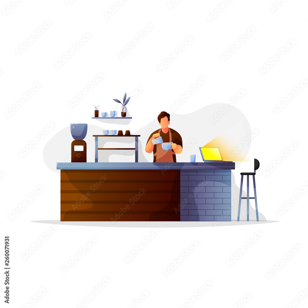 Vector illustration of coffee shop design element with barista standing ...