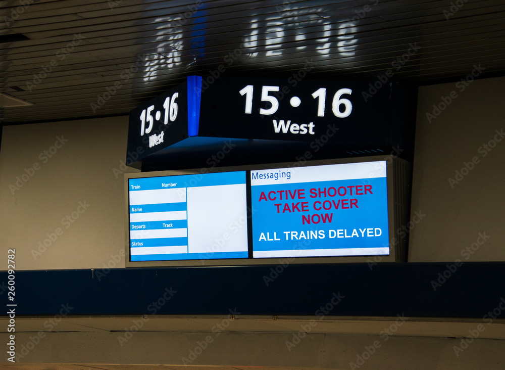 Train station message sign indicating that trains are delayed due to an ...