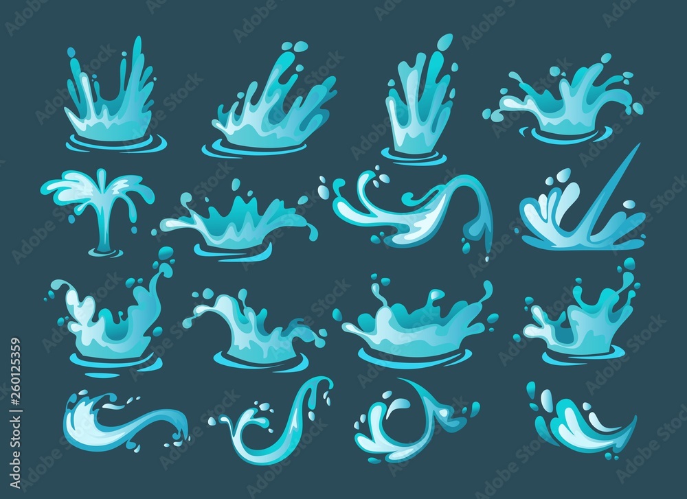 Water splash cartoon set. Colorful water arch, drops, whirls, waves ...