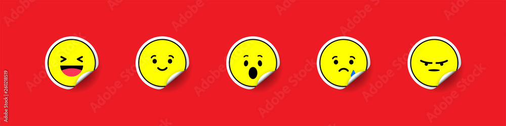 Emoji stickers collection. Yellow emojis label on red background. Emoji ...