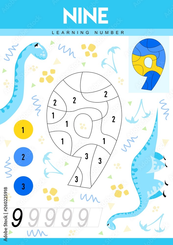 Learn numbers 9 with dino. Nine. Kids learn to count worksheet ...
