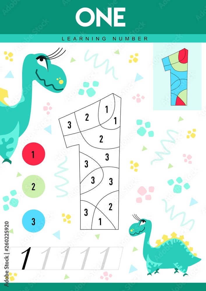Vector de Stock Learn numbers 1 with dino. One. Kids learn to count ...