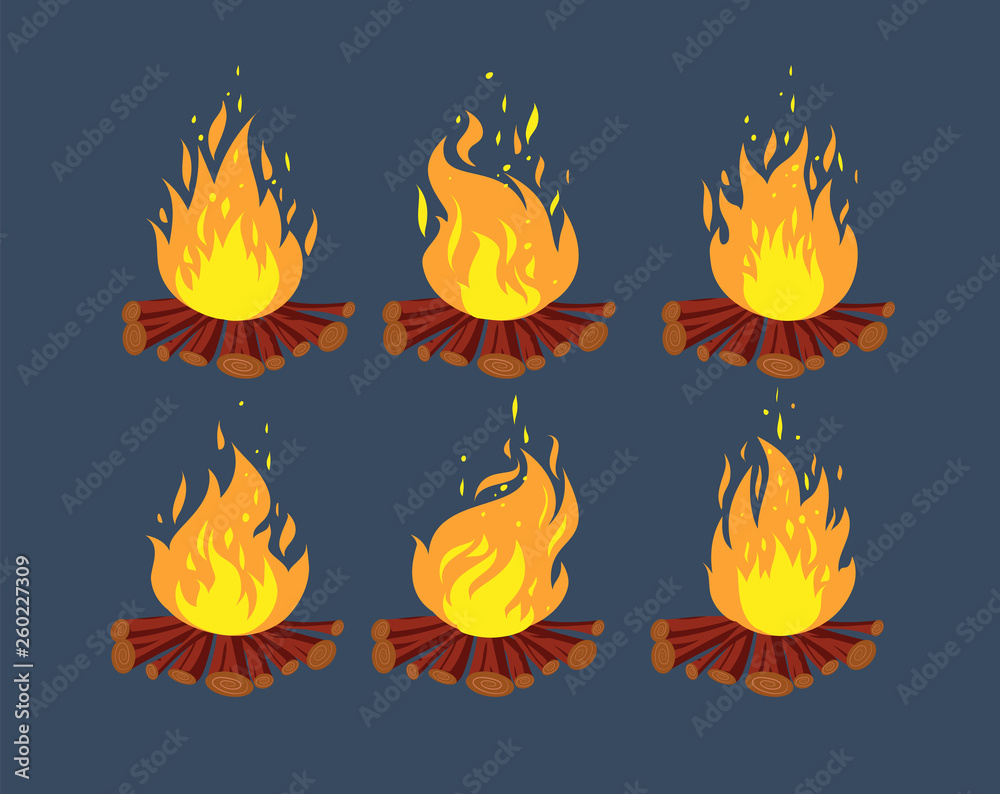 Camp fire animation sprites. Cartoon bonfire animation frames vector ...