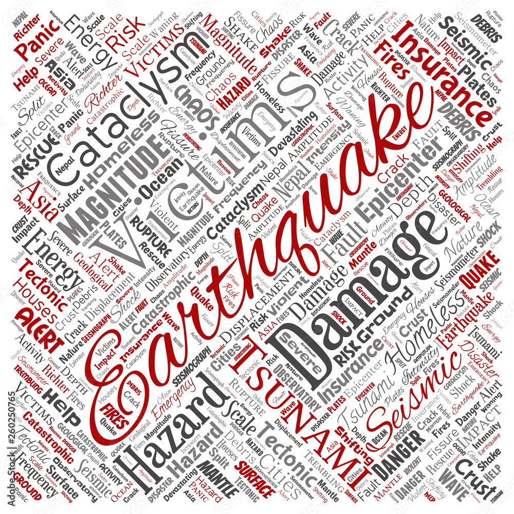 Vector conceptual earthquake activity square red word cloud isolated ...