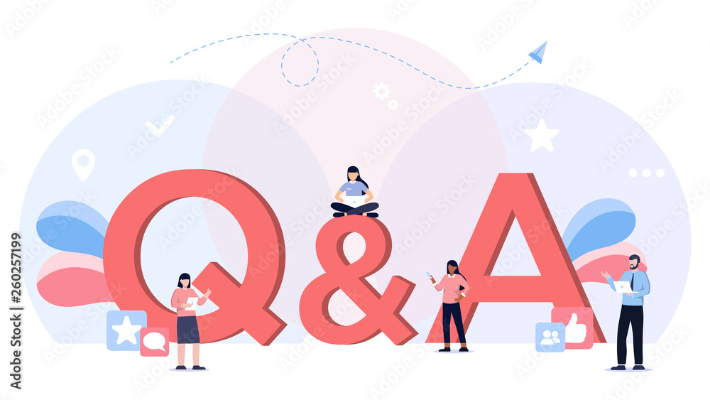 Q&A, vector ilustration concept, people asking to online support center ...