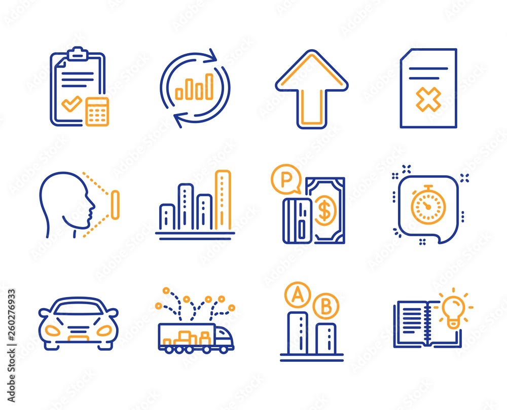 Vector de Stock Graph chart, Truck delivery and Timer icons simple set. Update data, Delete file ...