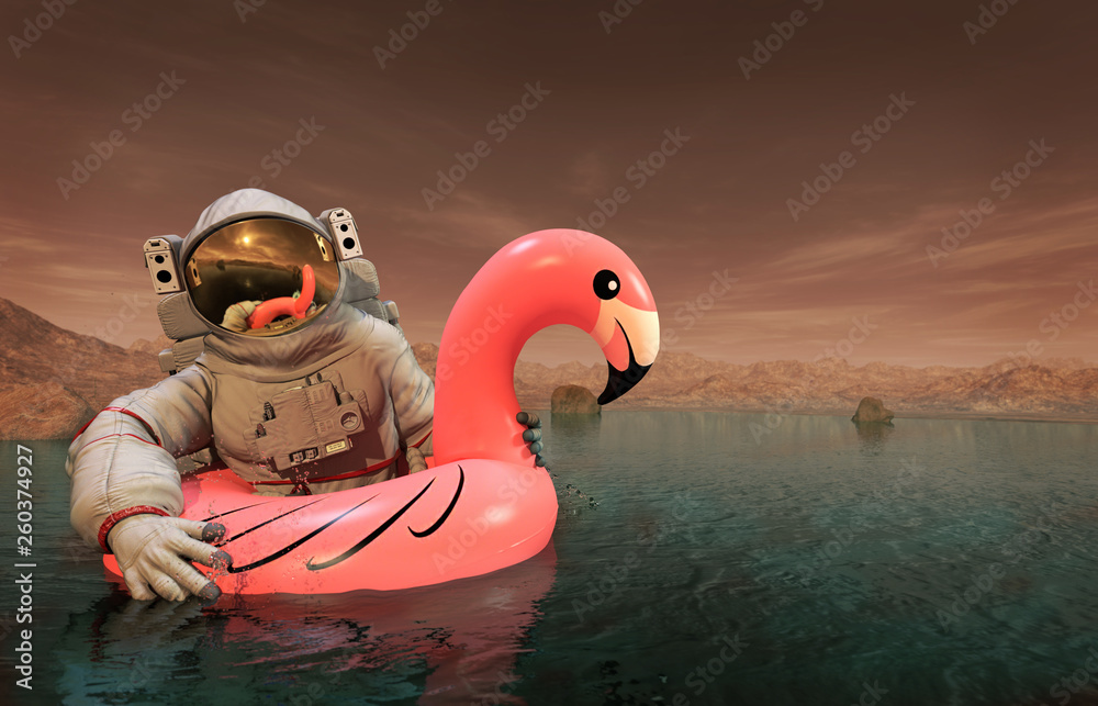 Astronaut with Pink Float Looking for Water on Mars - 3D illustration ...