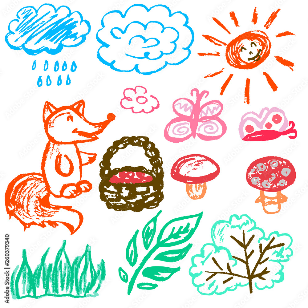 Cute children's drawing. Icons, signs, symbols, pins Stock Vector ...