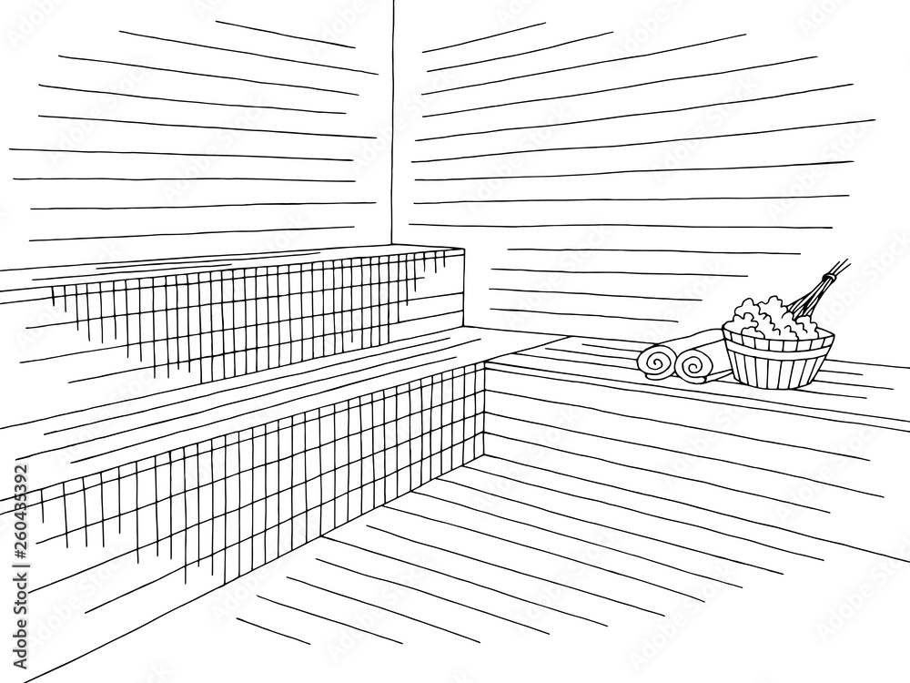 Sauna bathhouse graphic interior black white sketch illustration vector ...
