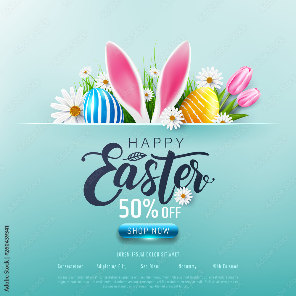 เวกเตอร์ Stock Happy Easter sale 50% off poster and template with ...