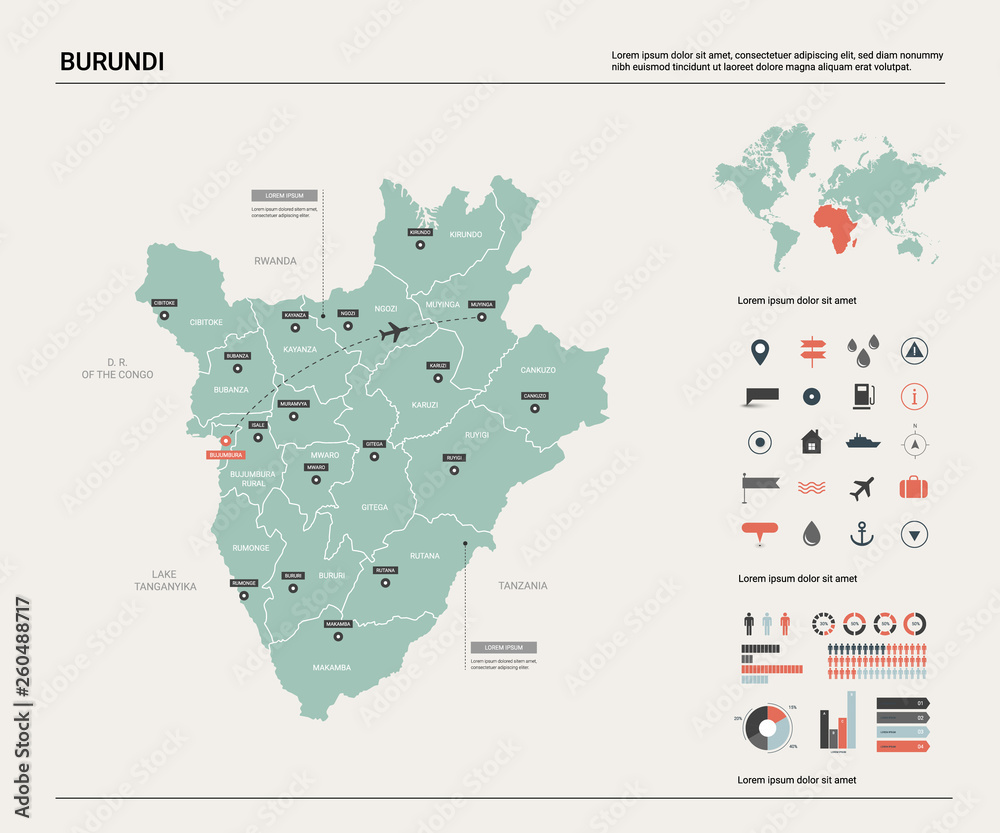 Vector map of Burundi. High detailed country map with division, cities ...