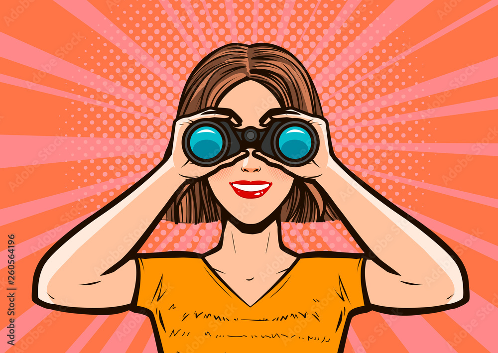 Girl looking through binoculars. Pop art retro comic style. Cartoon ...