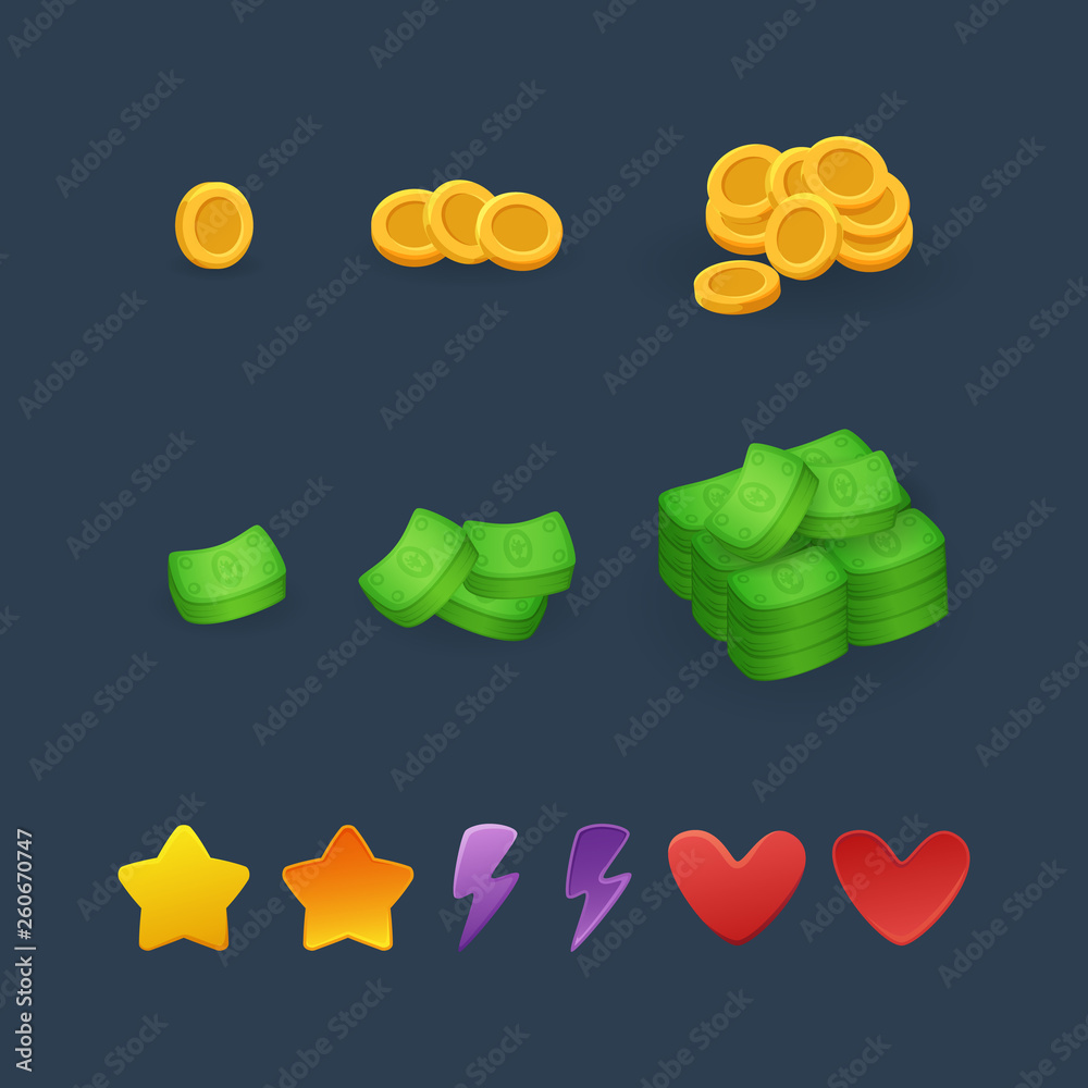 Set of different types of resources and money, coins in cartoon style ...