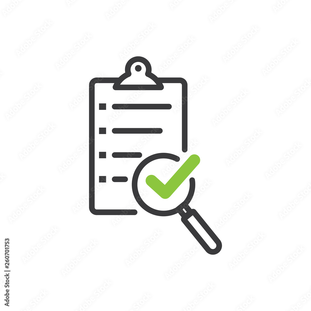 Scrutiny document plan icon in flat style with a green check symbol ...