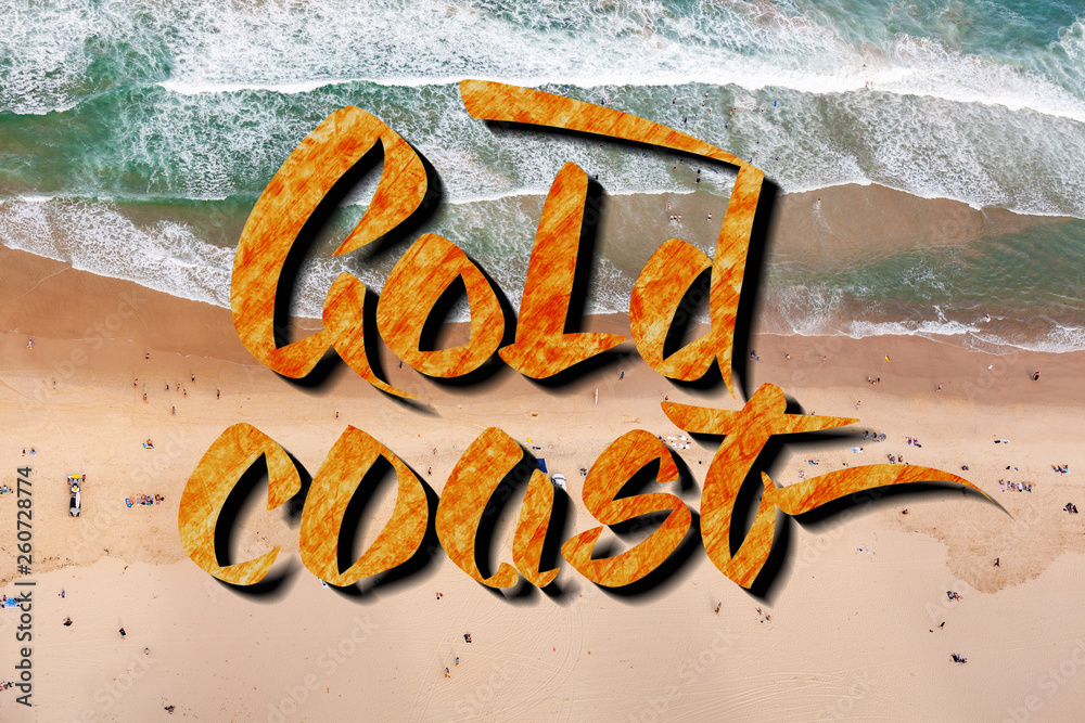 Gold coast hand lettering over aerial view landscape photograph of ...