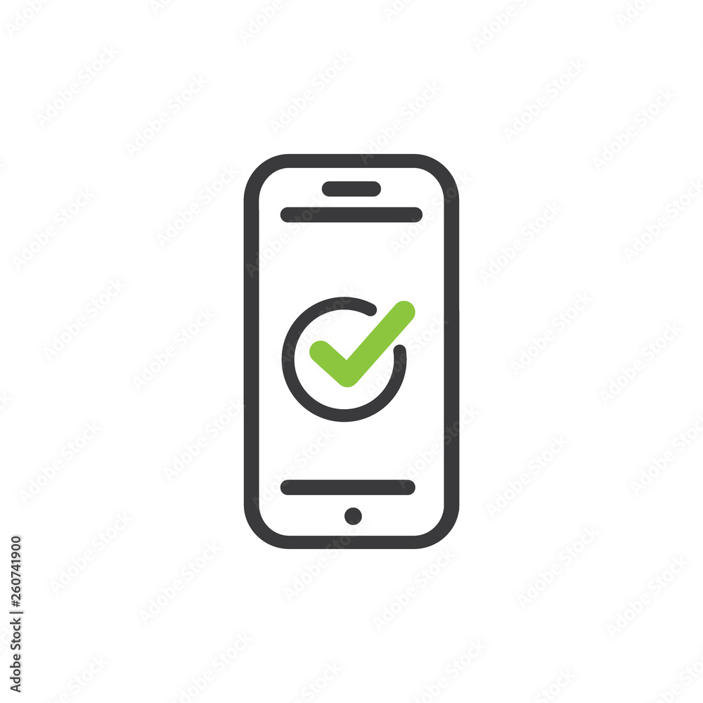 Payment approved symbol, green check mark on smartphone linear sign ...