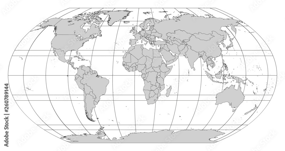 Grey contour world map in Robinson Projection with meridians and ...