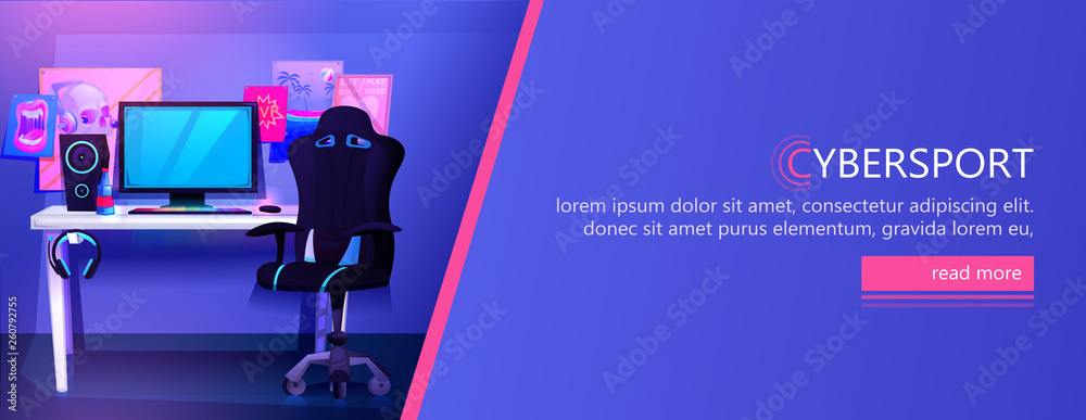 ESports interior banner. Workplace cyber sportsman gamer. A desk with a ...