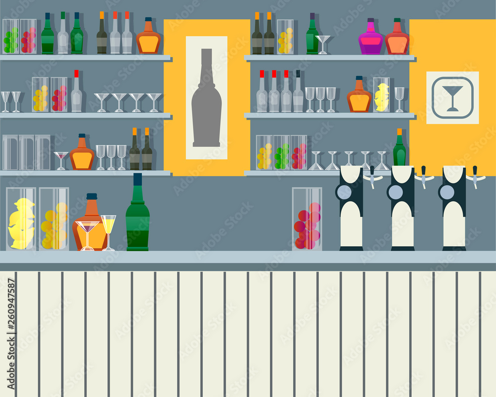 Stylish bar counter. Vector illustration of a bar counter with alcohol ...