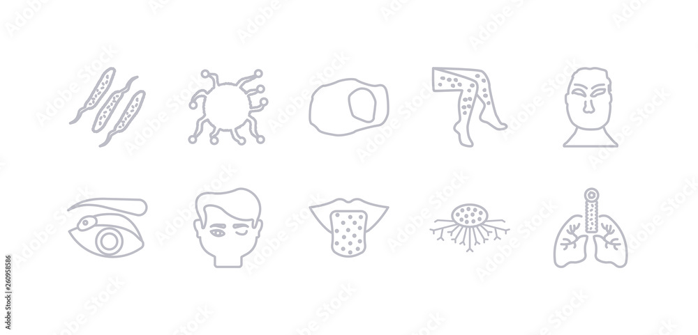 simple gray 10 vector icons set such as bronchitis, cancer, candidiasis ...