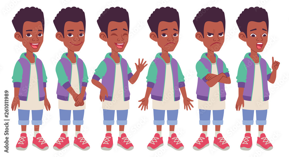 Cartoon character design. Black African American boy. Set of different ...