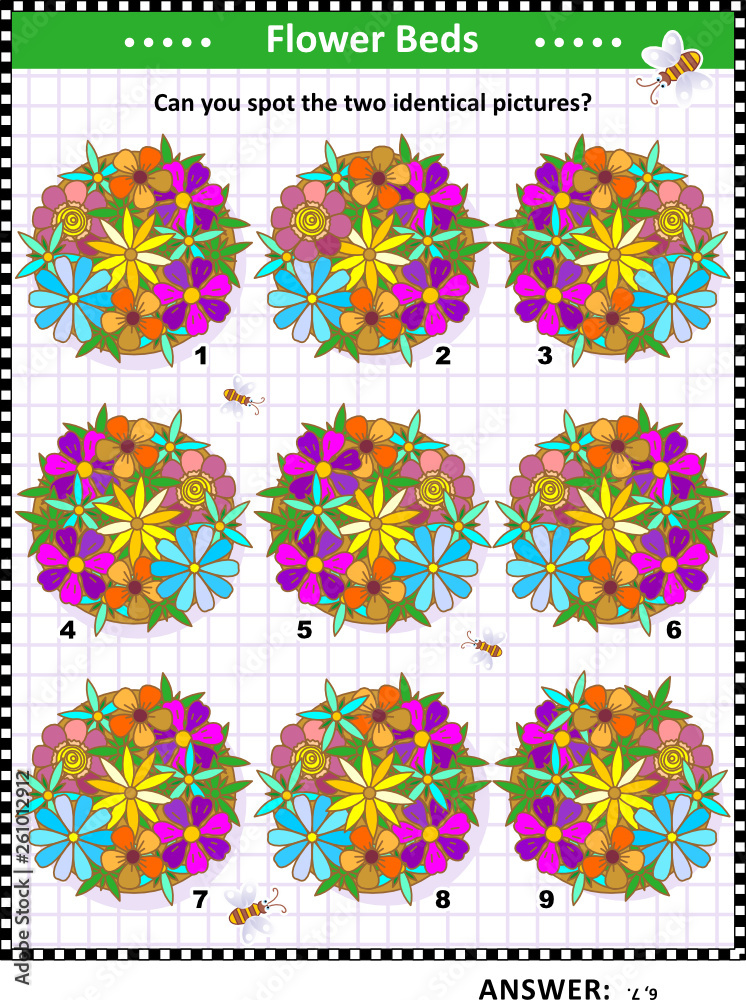 Visual logic puzzle with flower beds: Can you find the two identical ...
