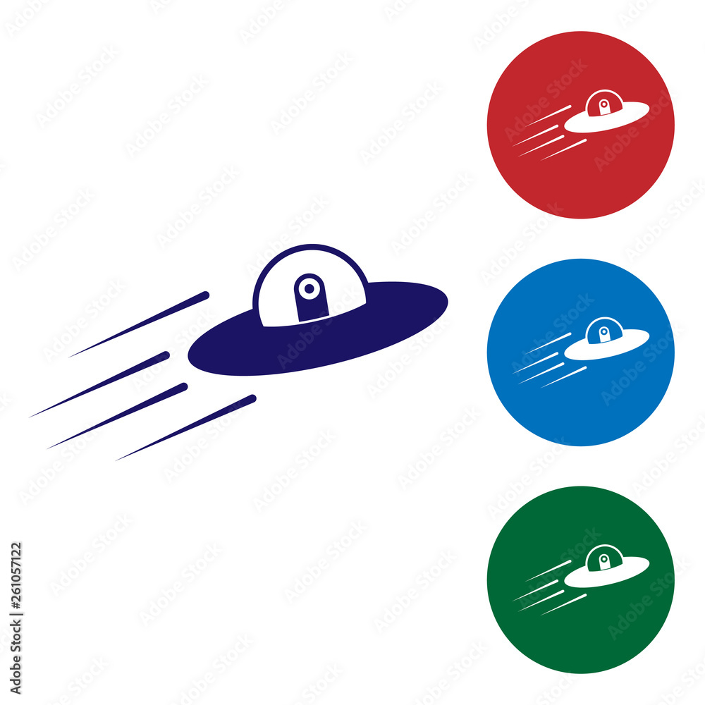 Blue UFO flying spaceship and alien icon isolated on white background ...