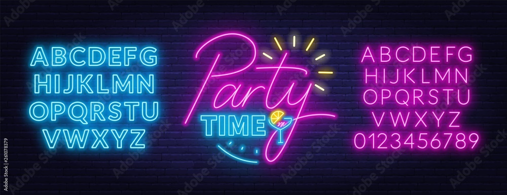 Party time neon lettering in retro style. Neon fonts. Vector ...