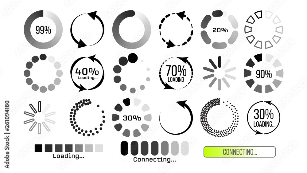 Loading, Buffering, Downloading, Uploading Vector Symbols Set. Internet ...