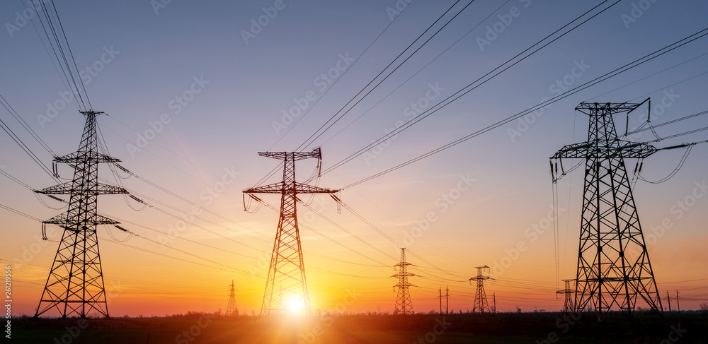 High voltage power lines in the winter. Thermal power plant. High ...