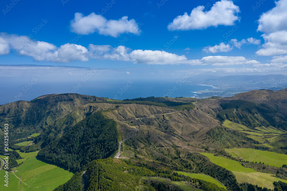 Aerial view of Sete Cidades at Lake Azul on the island Sao Miguel ...