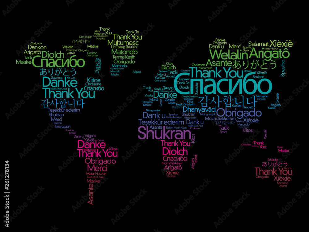 Thank You in different languages word cloud in shape of World Map ...