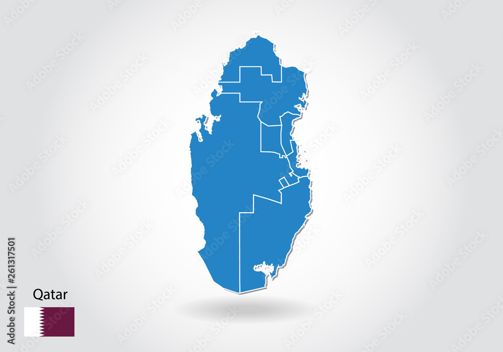 Qatar map design with 3D style. Blue Qatar map and National flag. Simple vector map with contour ...