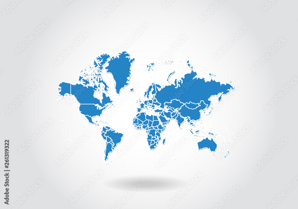 world map design with 3D style. Blue world map and National flag ...