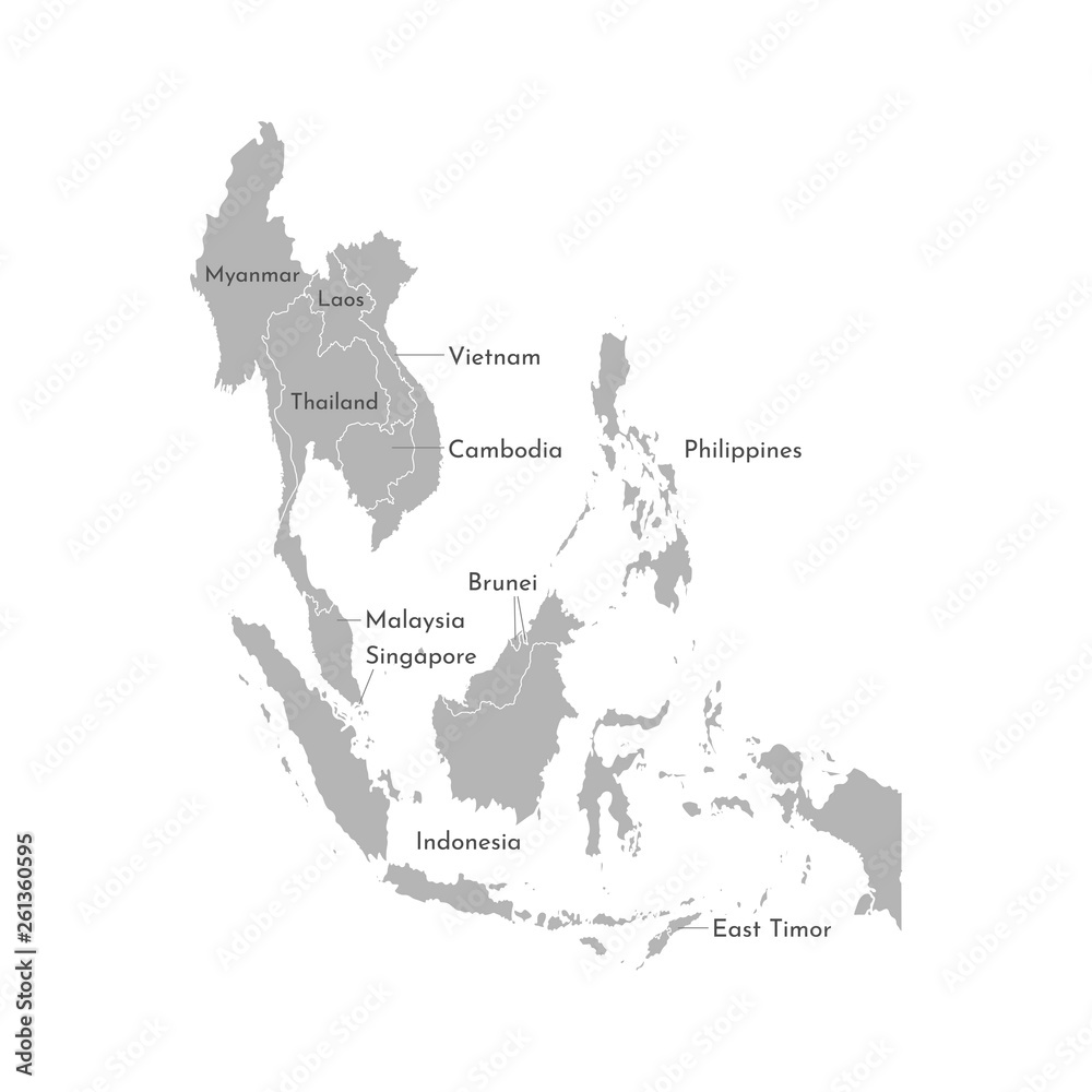 Vector illustration with simplified map of Asian countries. South East ...