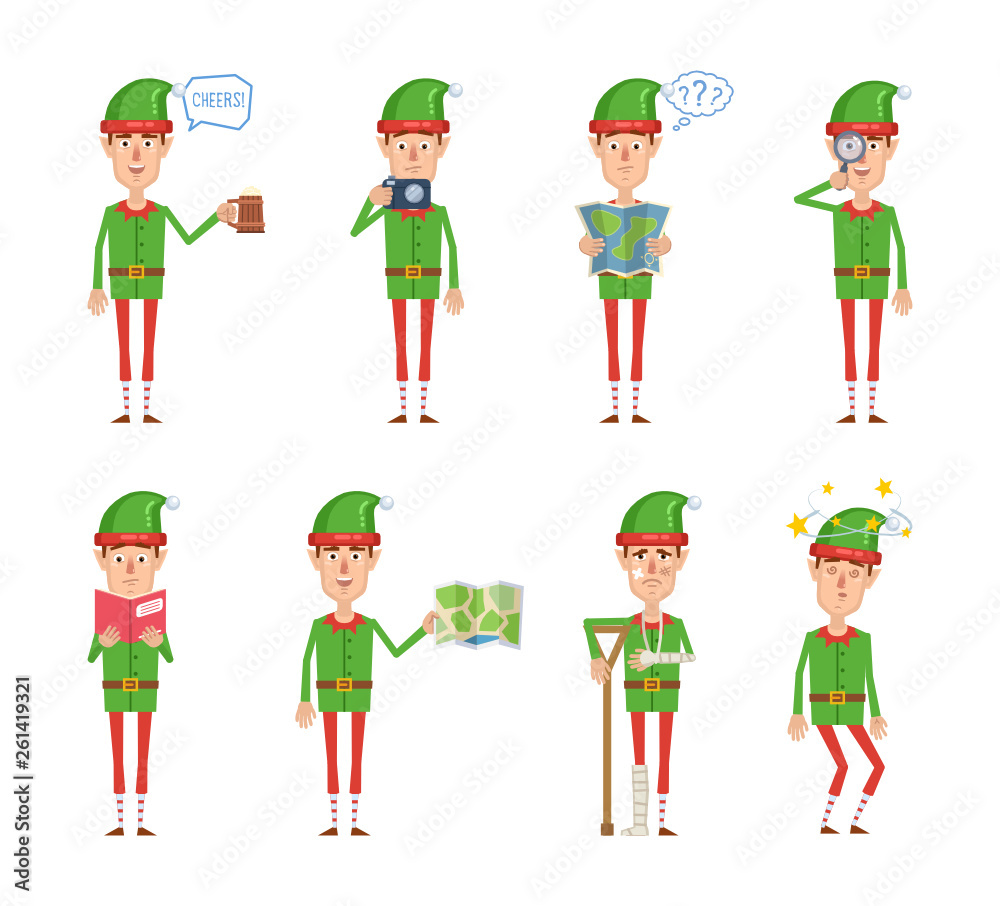 Set of Christmas elf characters posing in different situations ...