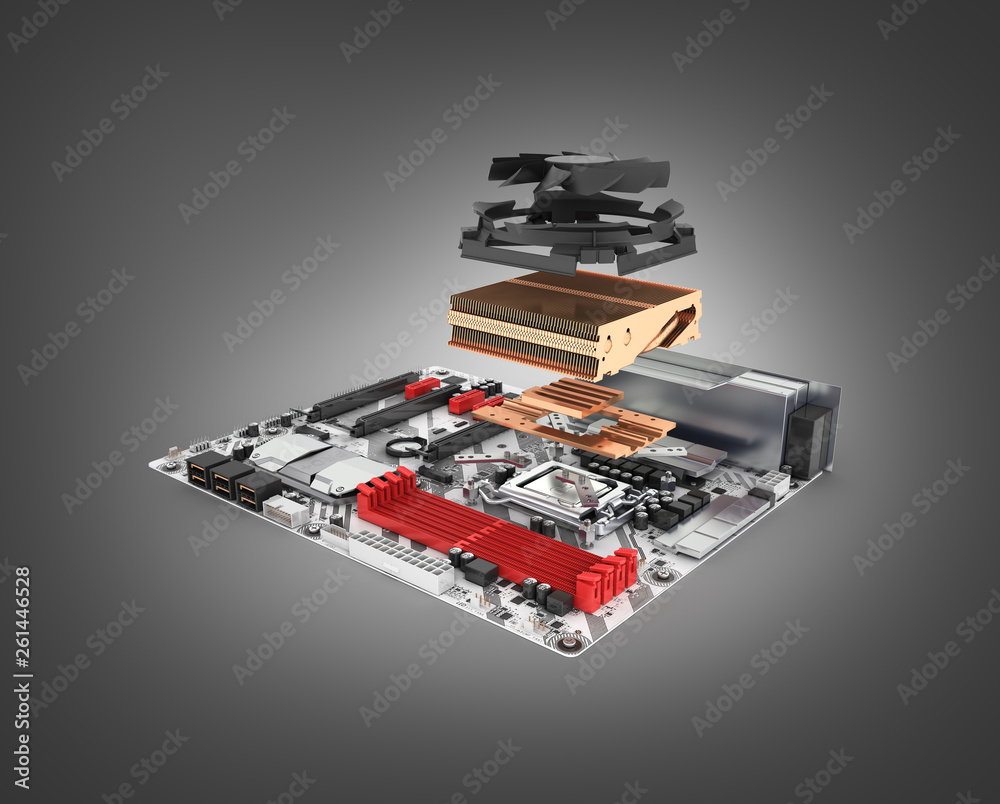 Motherboard complete with processor and cooling system in disassembled ...