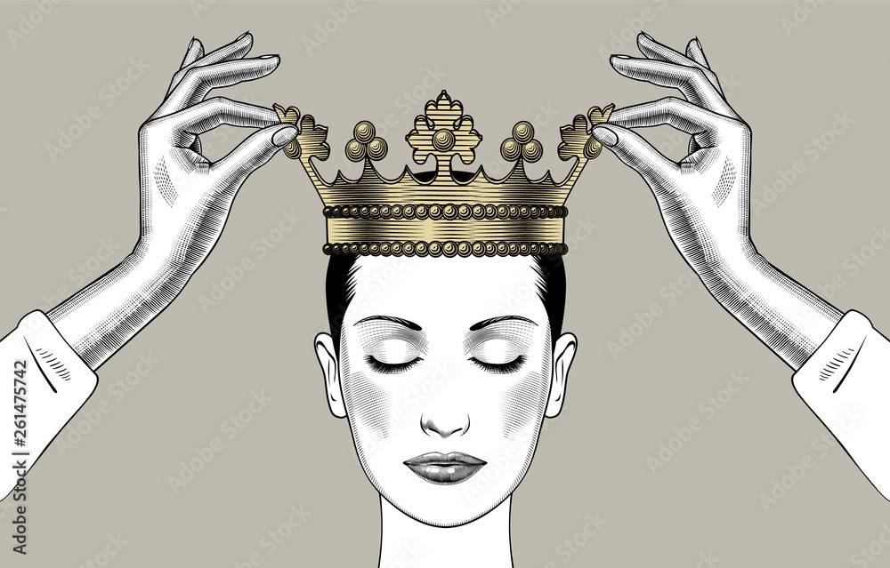 Woman holding above a head the golden crown. Leadership, success ...