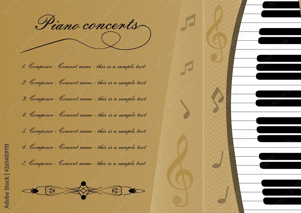 Piano concert program template with cut out of keyboard, treble clef ...