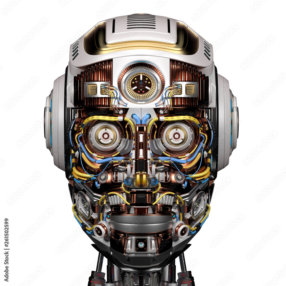 extremely detailed robot face or technological cyborg head. Front view ...